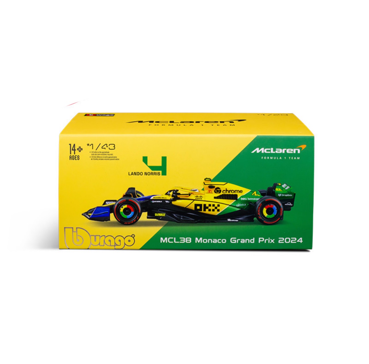 1/43 Bburago – McLaren MCL38 #4 F1 Monaco GP 2024 (Senna livery) with ...